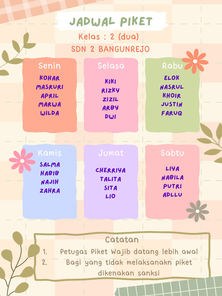 Warna Warni Bunga Imut Jadwal Piket Kelas | PDF