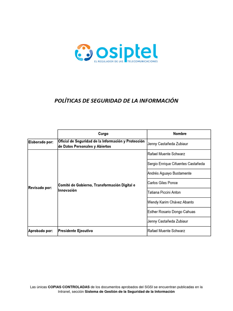 Políticas de Seguridad de La Información OSIPTEL | PDF | Seguridad de ...
