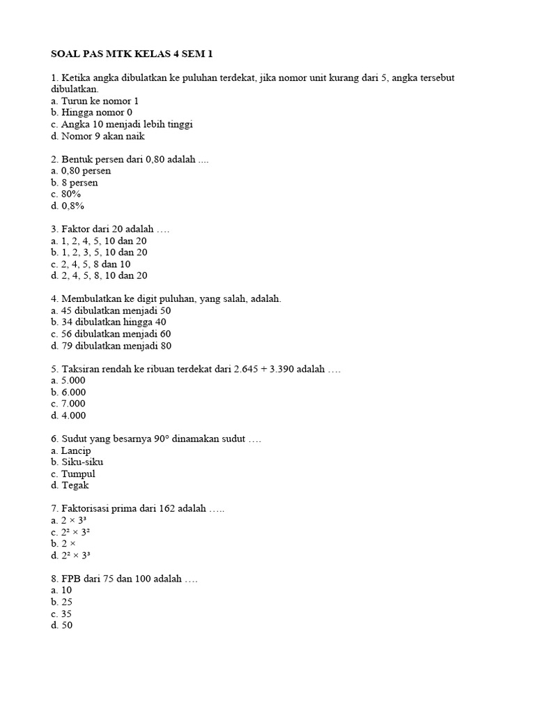 Soal Pas MTK Kelas 4 Sem 1 | PDF