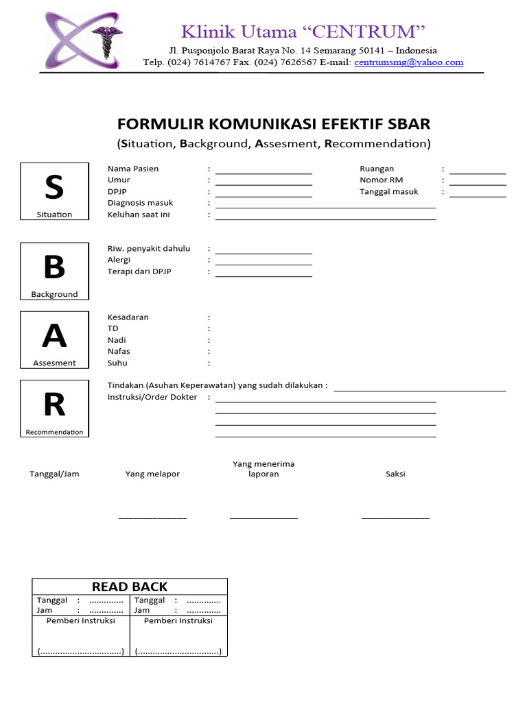 Formulir SBAR Klinik Centrum | PDF