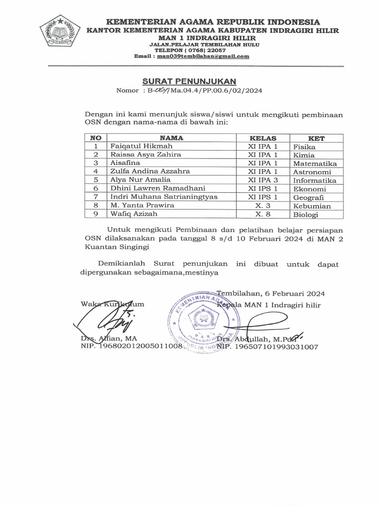 Penunjukan Peserta Pelatihan OSN | PDF