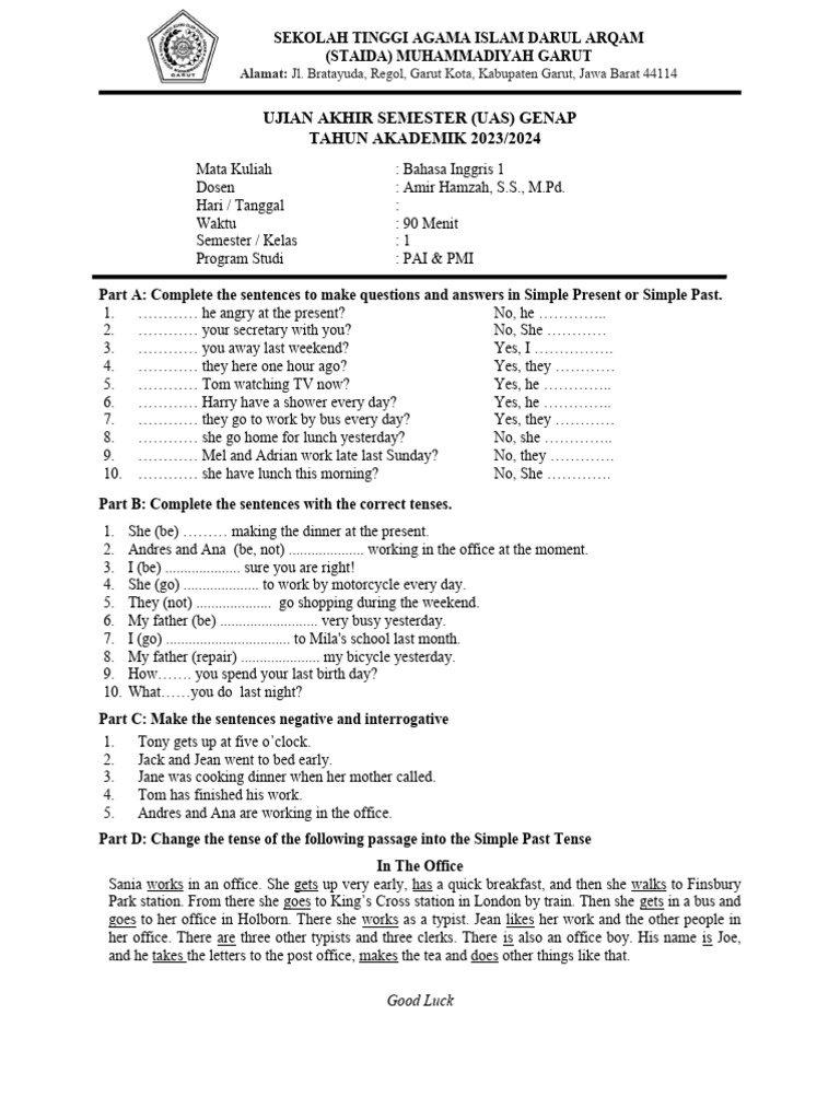 Naskah Soal UAS Bahasa Inggris 1 - PAI & PMI - Amir Hamzah | PDF | Linguistics | Grammar