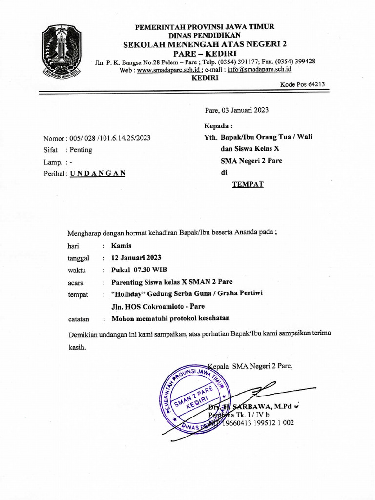 Undangan Parenting SMAN 2 Pare | PDF