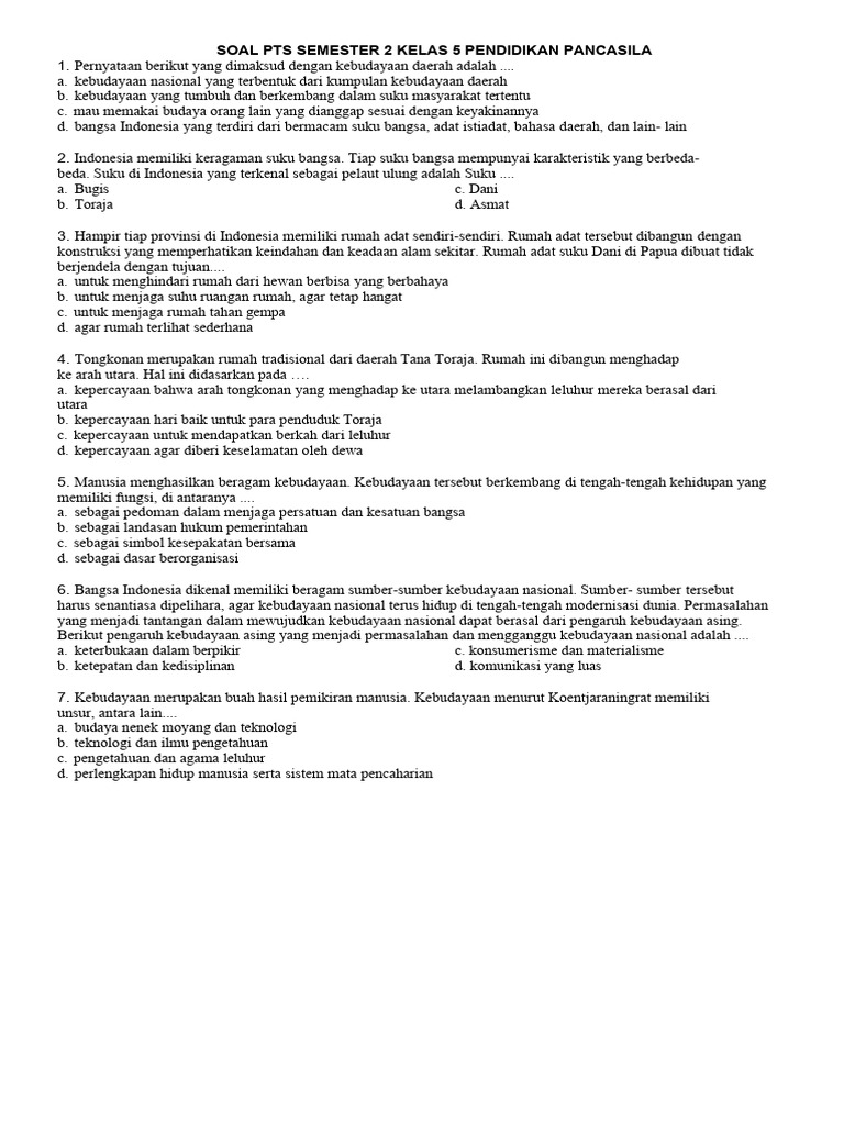 Soal PTS Semester 2 Kelas 5 Pendidikan Pancasila | PDF