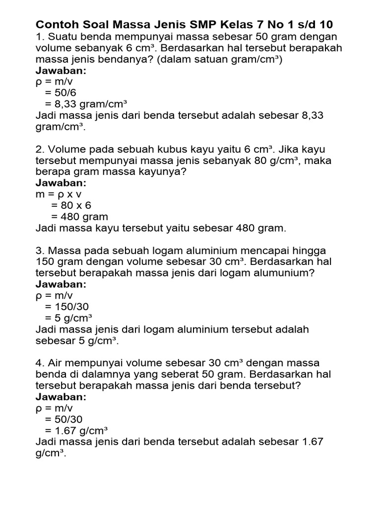 Contoh Soal Massa Jenis SMP Kelas DAN JAWABANNYA | PDF
