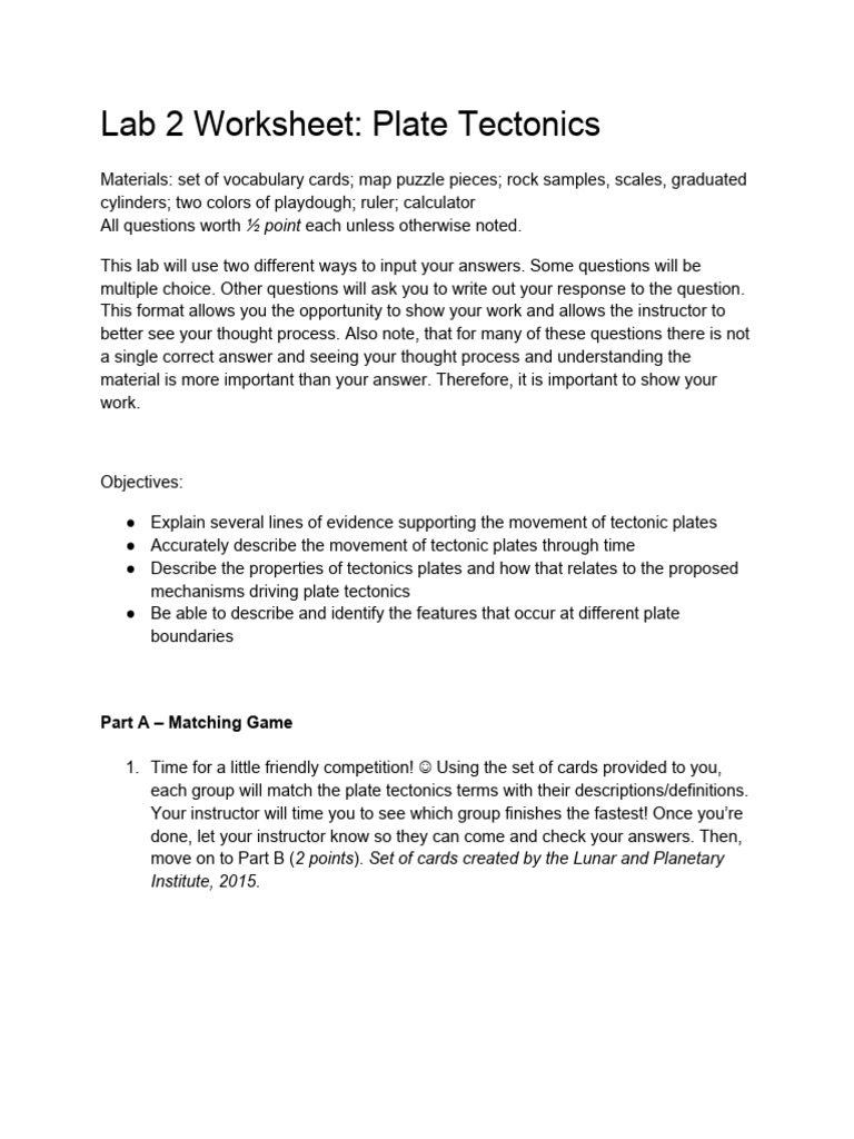 Lab 2 Worksheet - Plate Tectonics in Person Spring 2023 | PDF | Plate ...