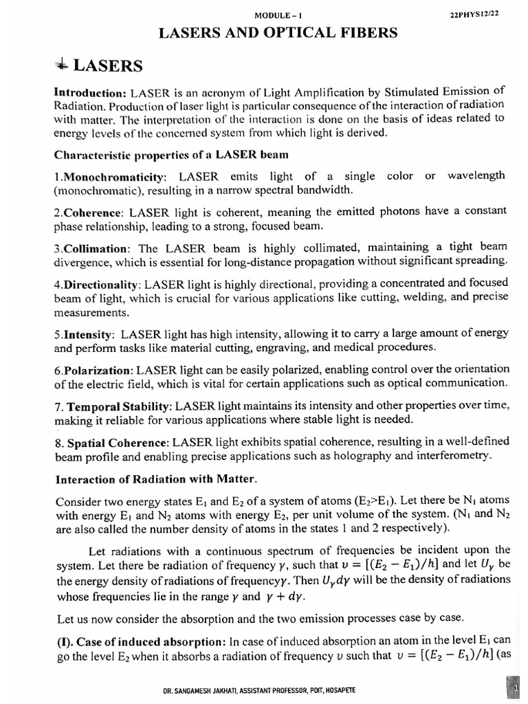 BPHYS102 - 202 Module 1 - Lasers & OFC | PDF