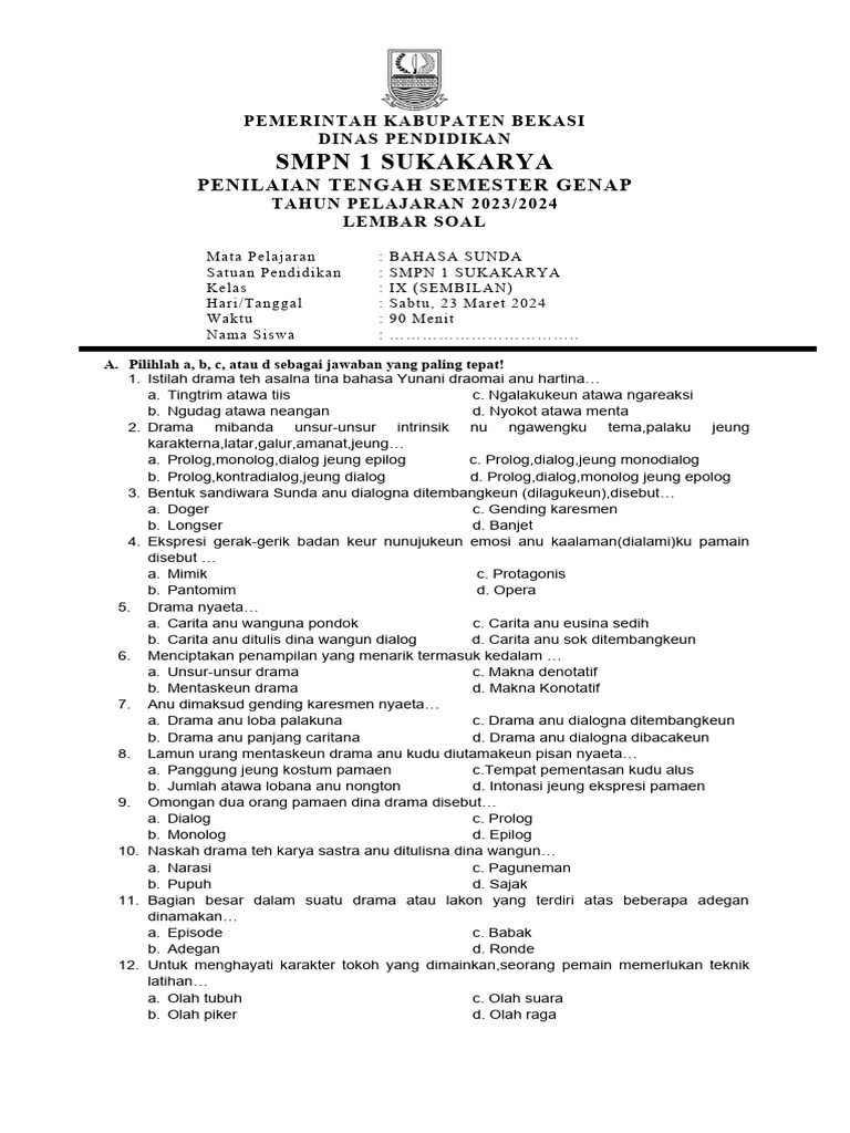 SOAL PTS B. SUNDA Genap Kls 9 2024 | PDF