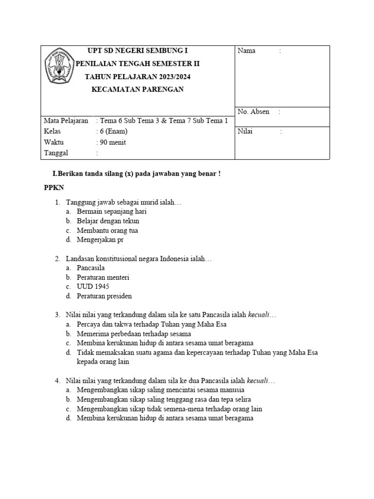 Soal PTS TEMATIK TEMA 6 SUB 3 DAN TEMA 7 SUB 1 Kelas 6 SMT 2 | PDF