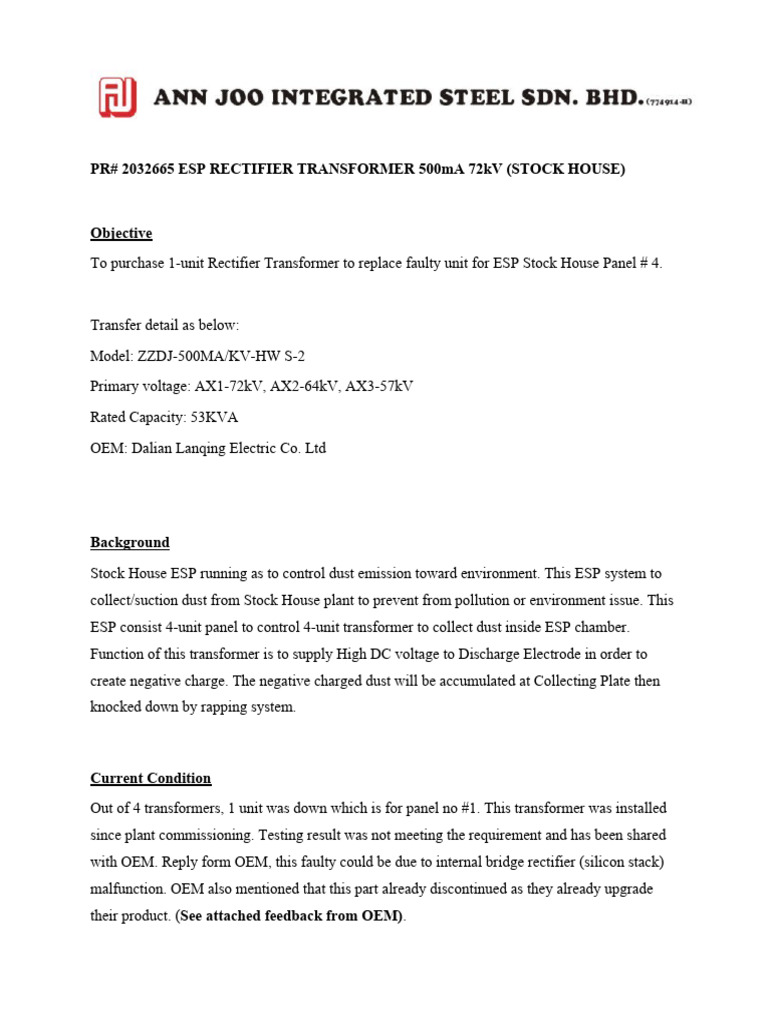Justification Report Esp Stock House Transformer New | PDF | Rectifier ...