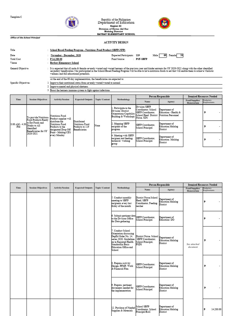 Baes Activity Design SBFP NFP 2020 | Download Free PDF | Nutrition ...