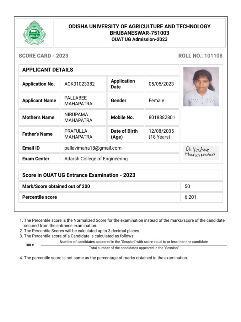 OUAT UG Common Entrance Examination-2022 Marks | PDF