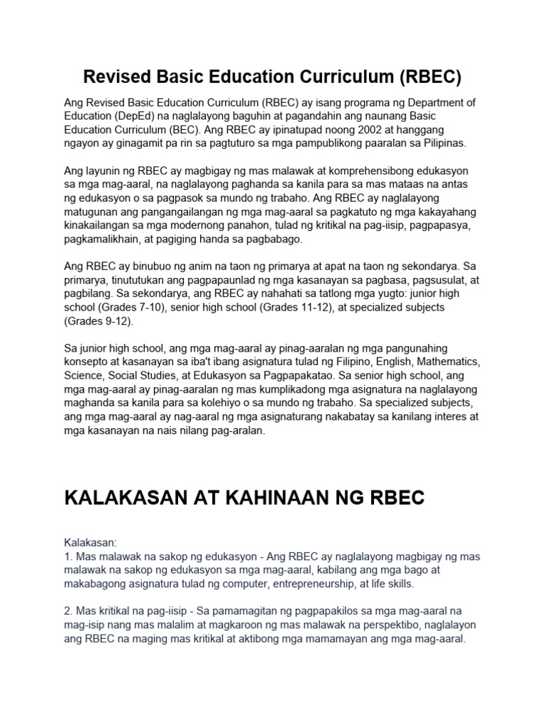 Revised Basic Education Curriculum (RBEC) | PDF
