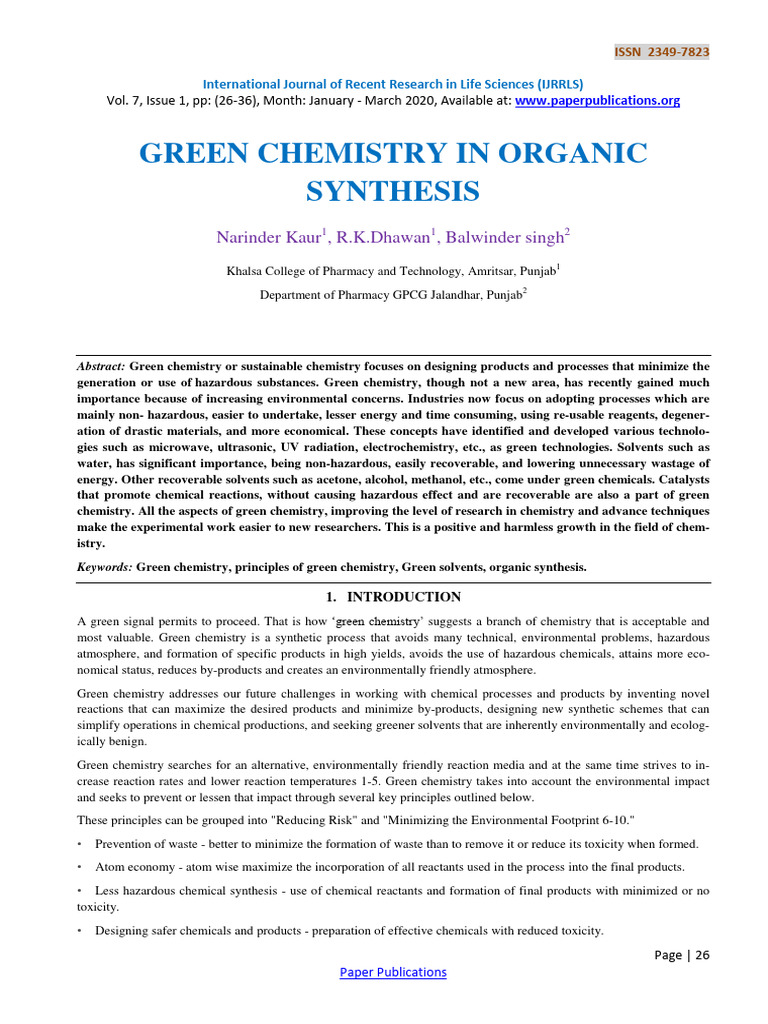Green Chemistry in Organic Synthesis | PDF | Chemical Reactions | Solvent