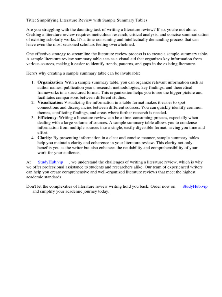 Sample Literature Review Summary Table | PDF | Systematic Review ...
