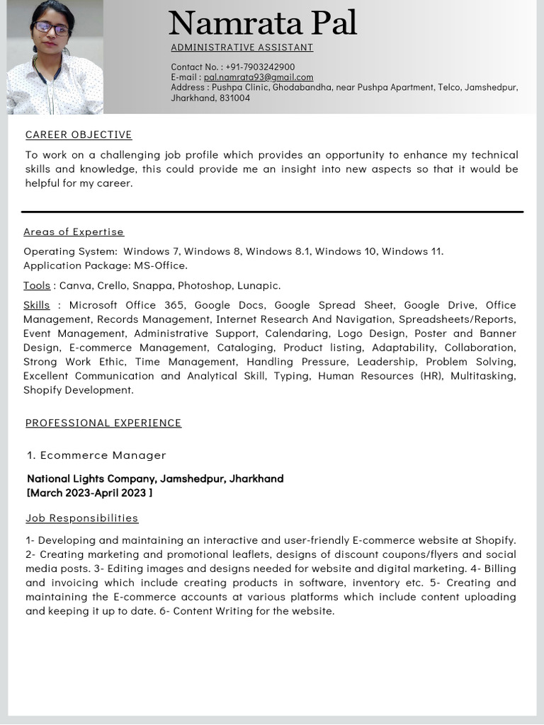Namrata Pal Resume | PDF | E Commerce | Microsoft Windows