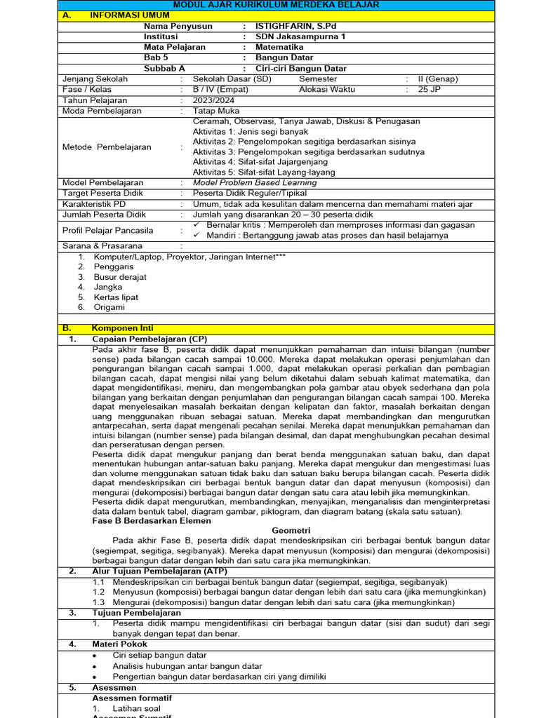 Modul Ajar Matematika Kelas Iv Bab Bangun Datar | PDF