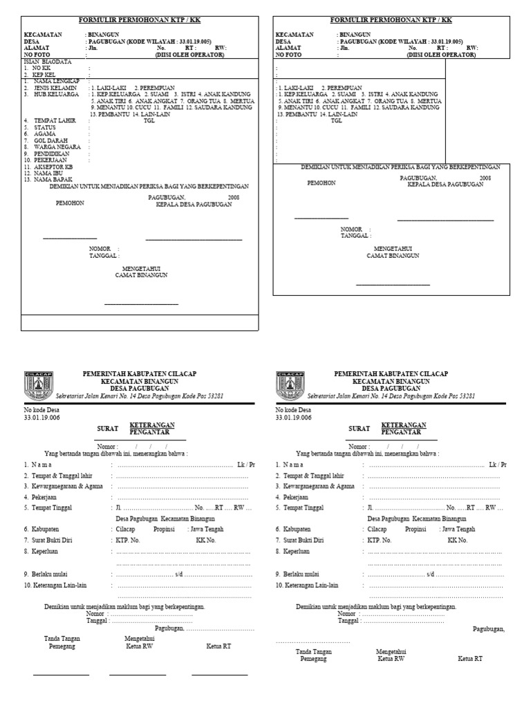 Formulir Permohonan KTP dan KK Pagubugan | PDF