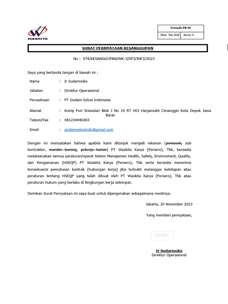 Surat Pernyataan Kesanggupan SPPM 574 | PDF