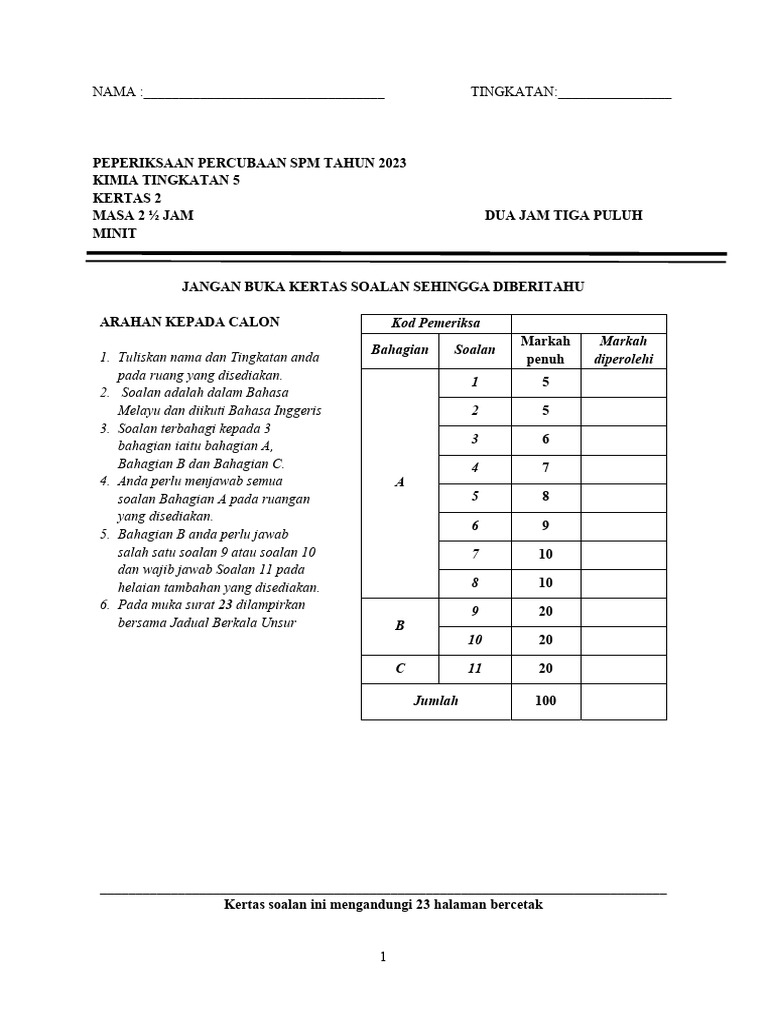 Kimia Kertas 2 Set 1 PPC 2023 PPD Pasir Gudang | PDF