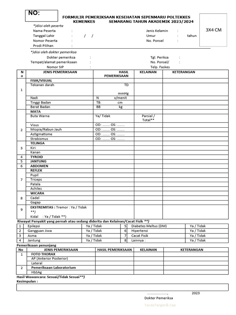 Fix - Form Pemeriksaan Kesehatan Poltekkes Kemenkes Semarang 2023 | PDF
