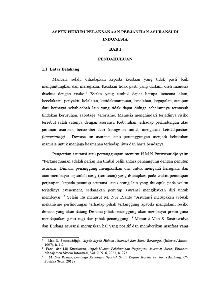 Joki Tugas 3 - Aspek Hukum Pelaksanaan Perjanjian Asuransi Di Indonesia | PDF | Hukum