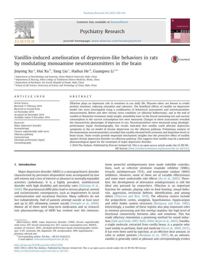 Vanillin-Induced Amelioration of Depression-Like Behaviors in Rats | PDF | Major Depressive ...