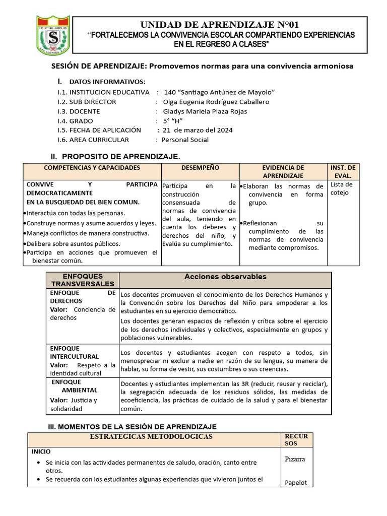 Sesión de Personal Social | PDF | Salón de clases | Enseñando Sesión de Personal Social | PDF | Salón de clases | Enseñando