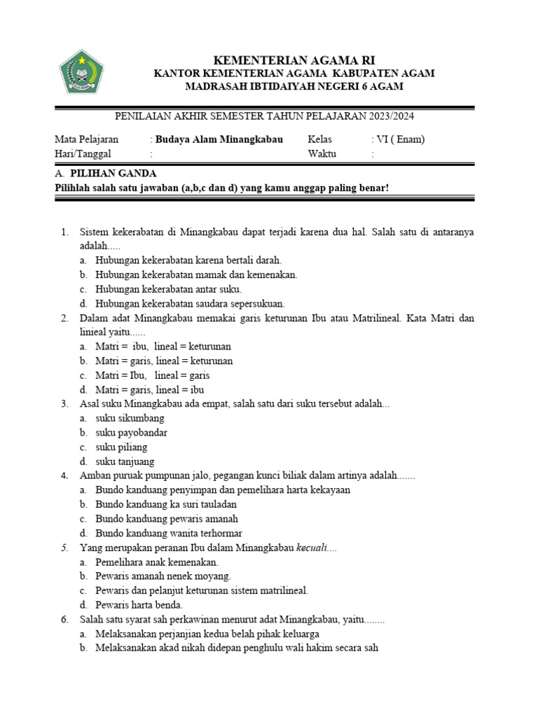 Soal Semster 1 Kelas 6 BAM | PDF