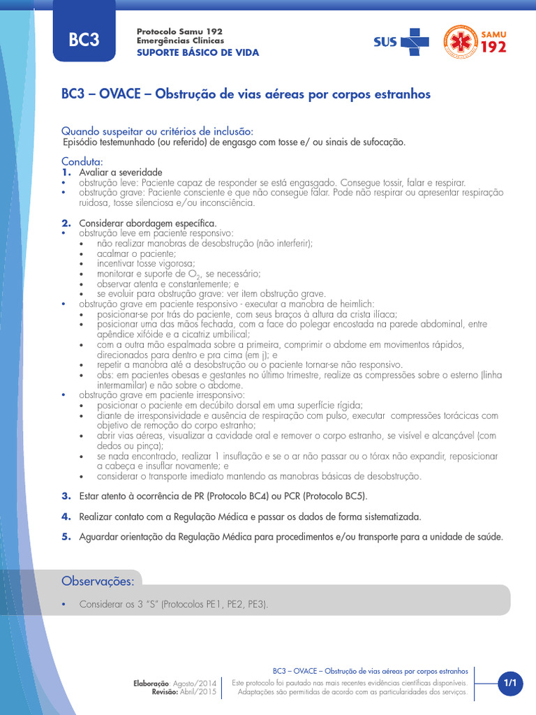 Protocólos de Emergência: Engasgo e Choque | PDF | Medicina Clínica