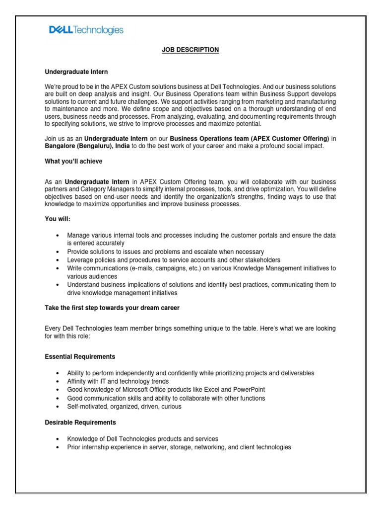 Job Description - Undergraduate Intern - Business Operations | PDF ...