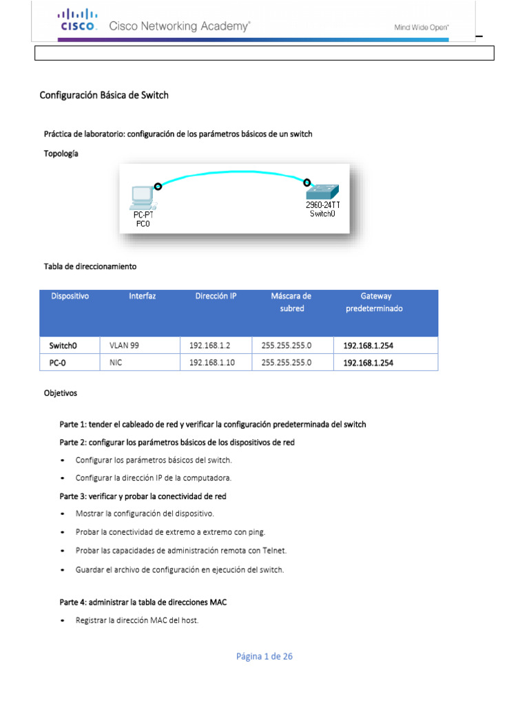 Configuracion Basica de Switch Estudiante | PDF | Dirección IP | Conmutador de red
