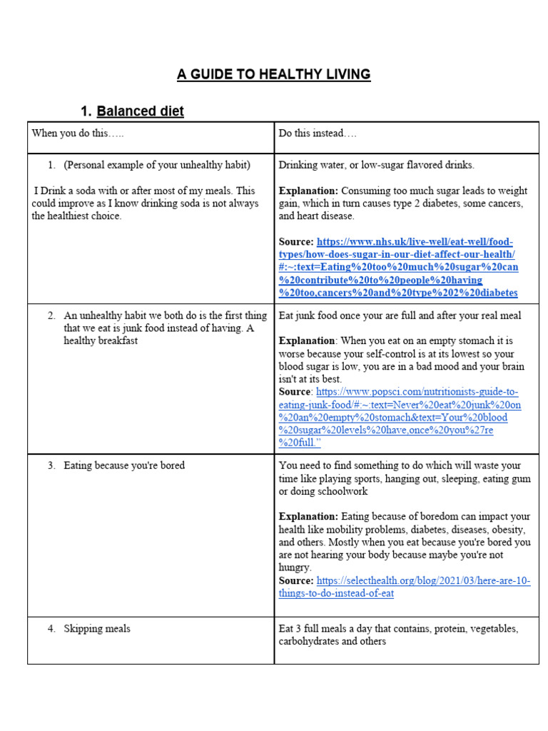 A Guide To Healthy Living 1. Balanced Diet: Explanation: Consuming Too ...