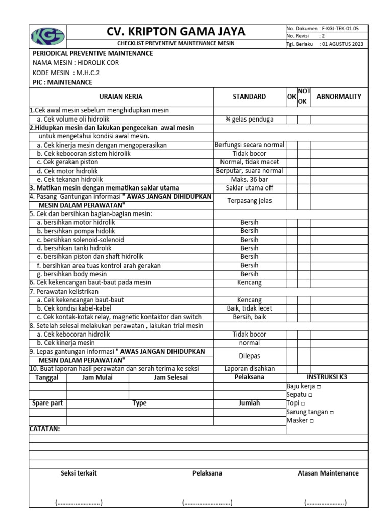 Checklist Pemeliharaan Mesin Hidrolik | PDF
