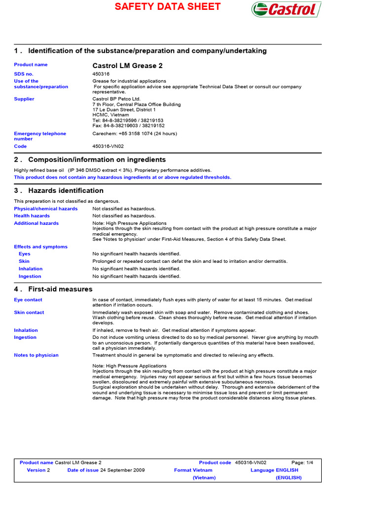 Castrol LM Grease 2 Safety Data Sheet | PDF | Oils | Chemistry