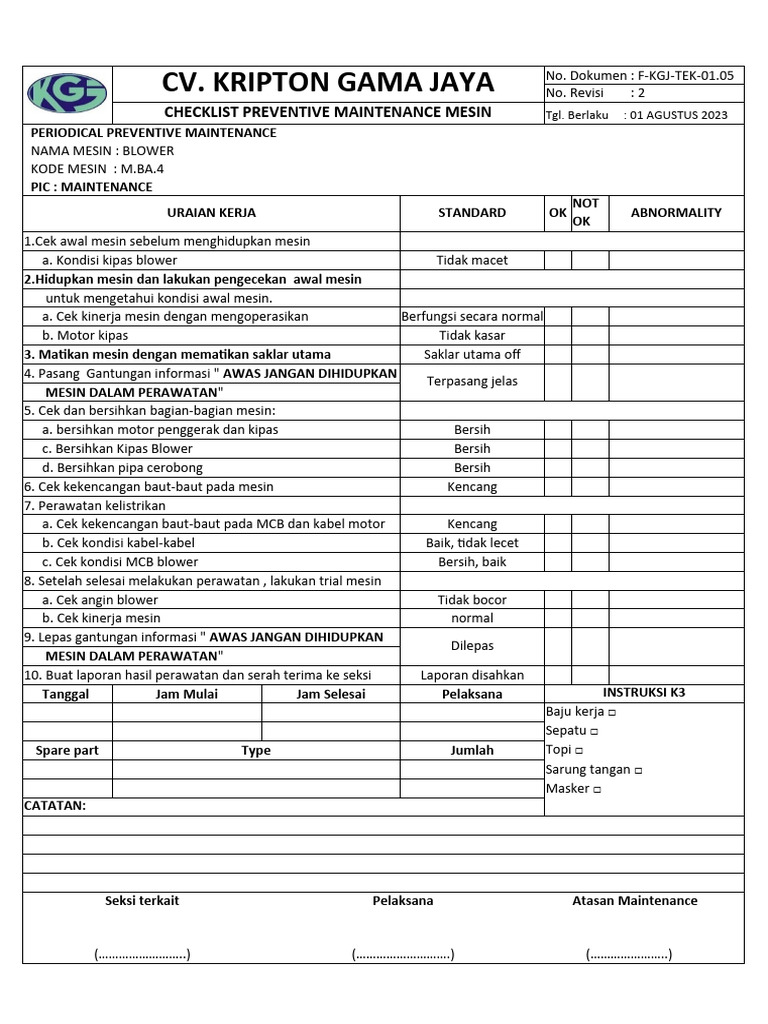 Laporan Pemeliharaan Blower Mesin | PDF