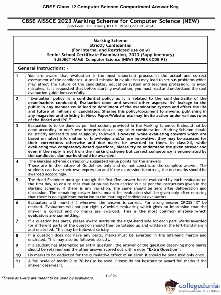 CBSE Class 12 Computer Science Compartment Answer Key | PDF