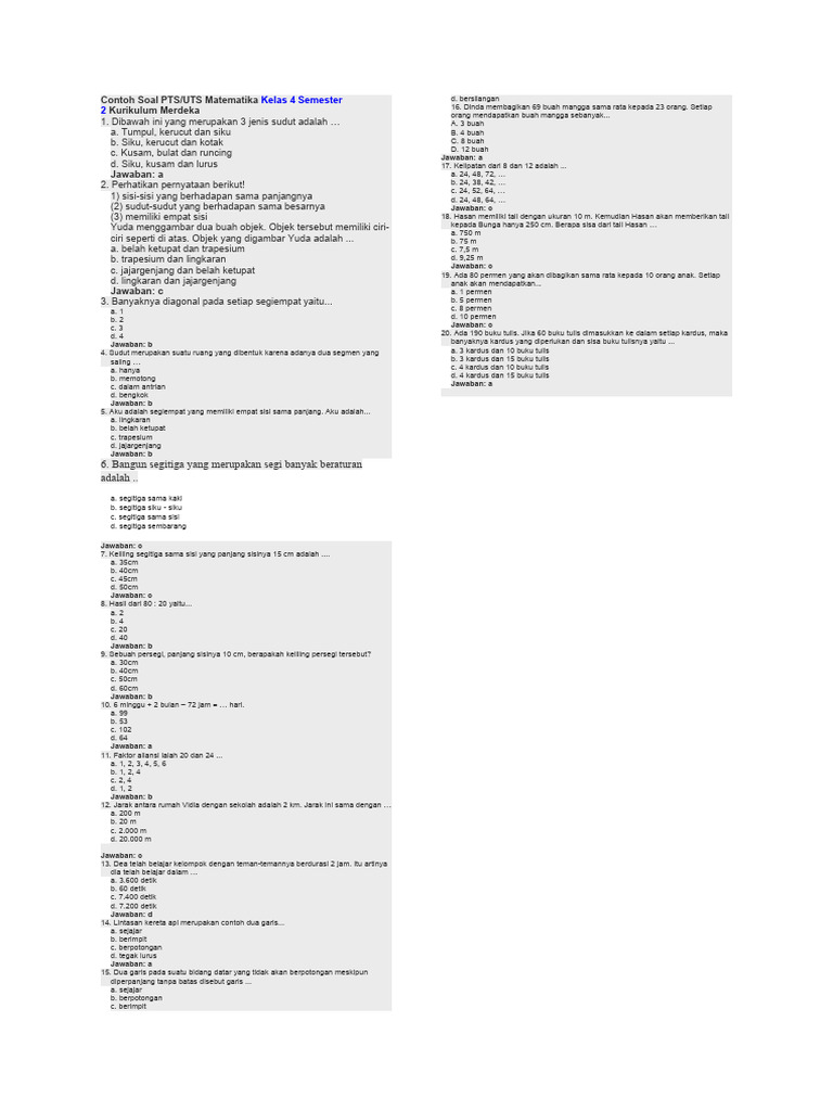 Soal Mid MTK KLS 4 Semester 2 | PDF