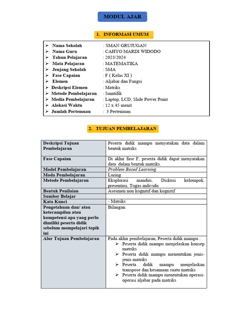 Modul Ajar Fase F Matriks | PDF