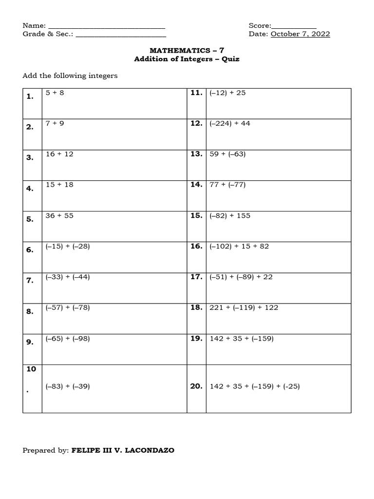 QUIZ 2 - Addition of Integers | PDF