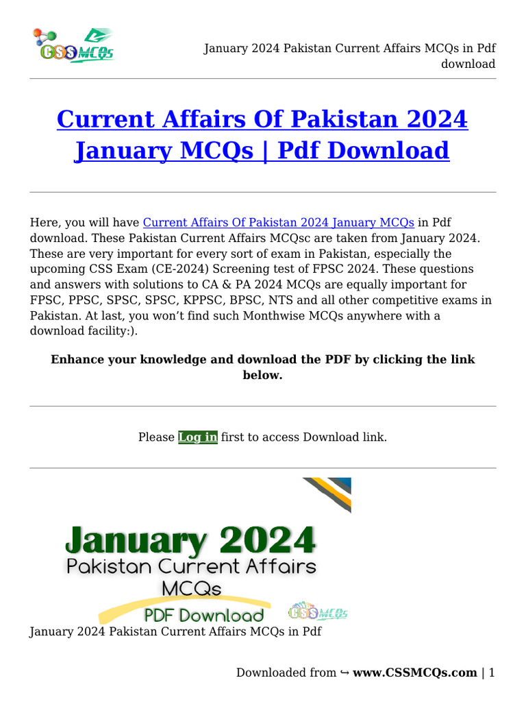 January 2024 Pakistan Current Affairs MCQs | PDF | Multiple Choice ...