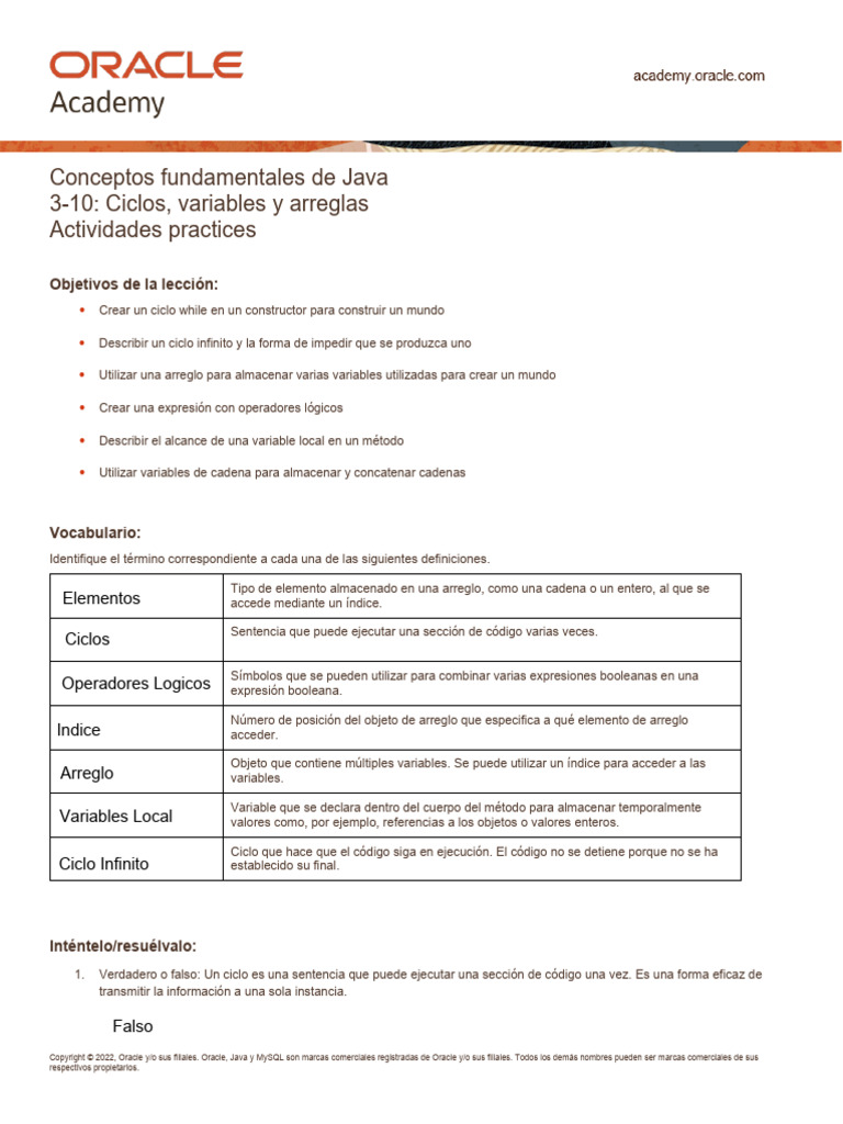 JF_3_10_Practice_esp (1) | PDF | Java (lenguaje de programación) | Variable (informática)