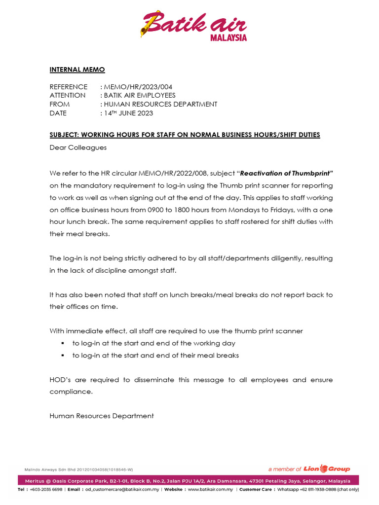 04 Internal Memo - Thumbprint On Working Hours v1 | PDF