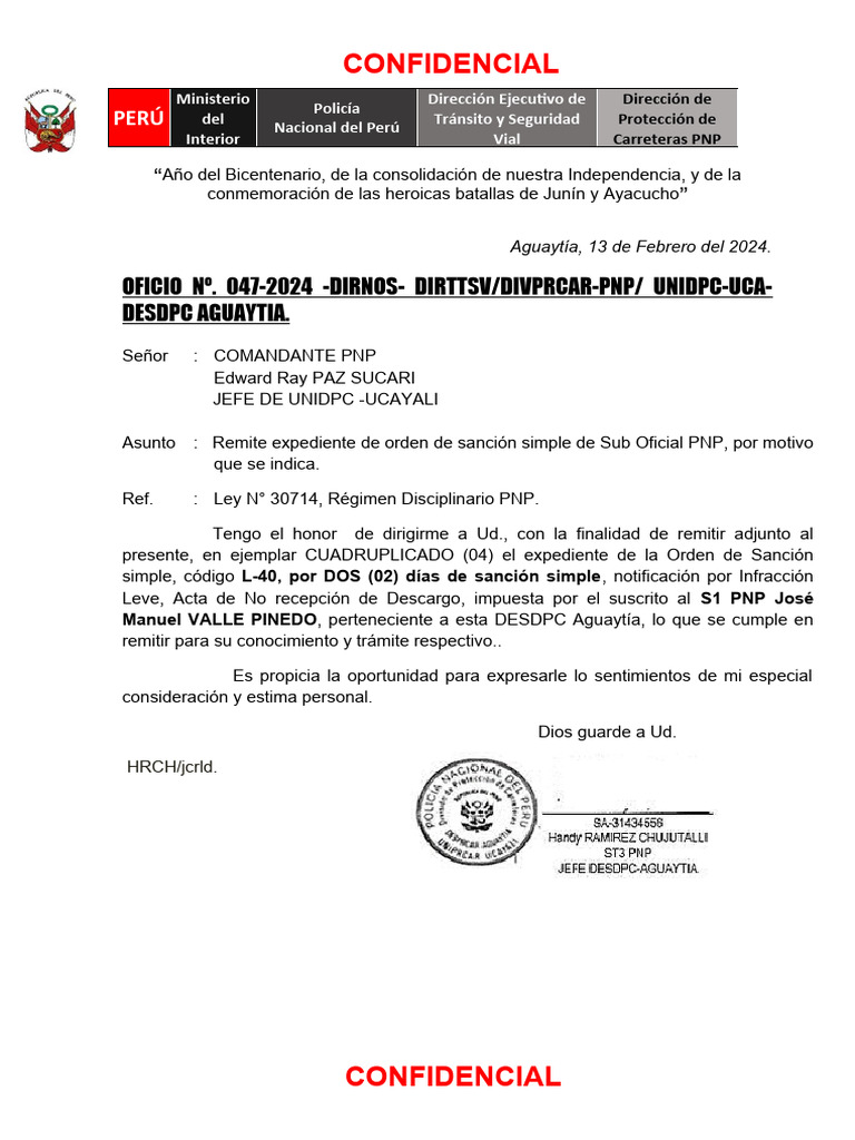 Oficio 47-24. Remite Expediente de Sancion Al s1 PNP Valle Pinedo Por ...