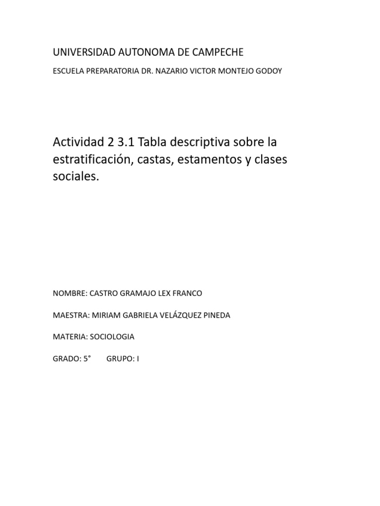 Actividad 2 3.1 Tabla Descriptiva Sobre La Estratificación, Castas, Estamentos y Clases Sociales ...