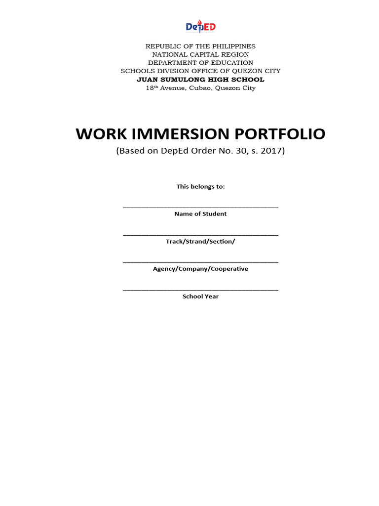 WORK IMMERSION PORTFOLIO Based On DepEd | PDF | Job Interview | Leadership