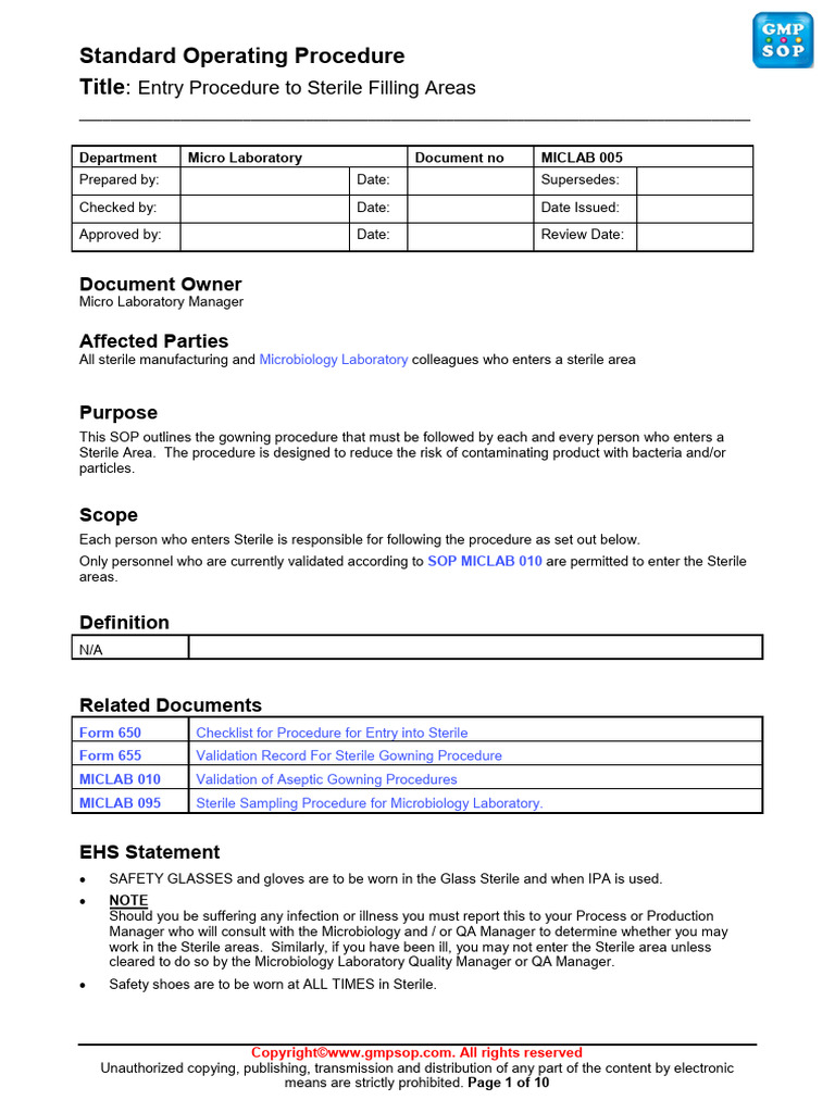 MICLAB 005 Entry Procedure of Sterile Filling Area Sample | PDF