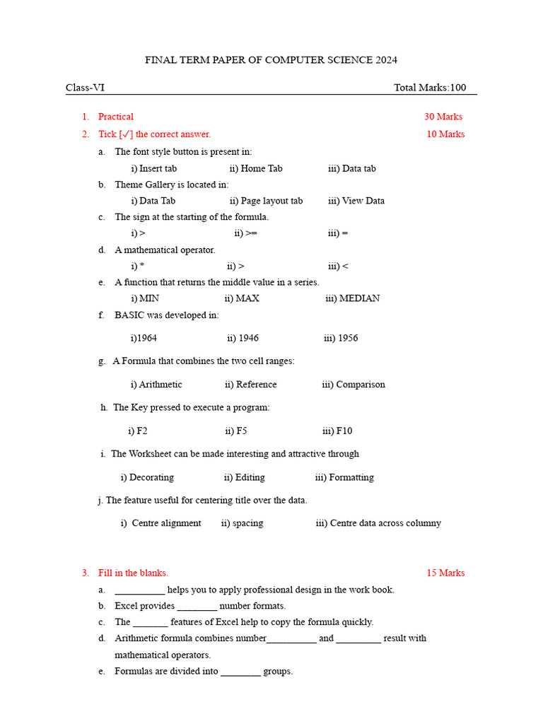Monthly Test Paper Class 6 | PDF | Text