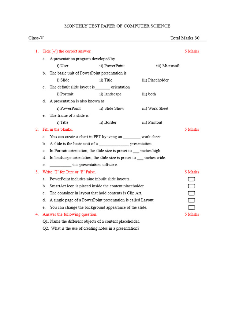 Class V Computer Science Test Paper | PDF
