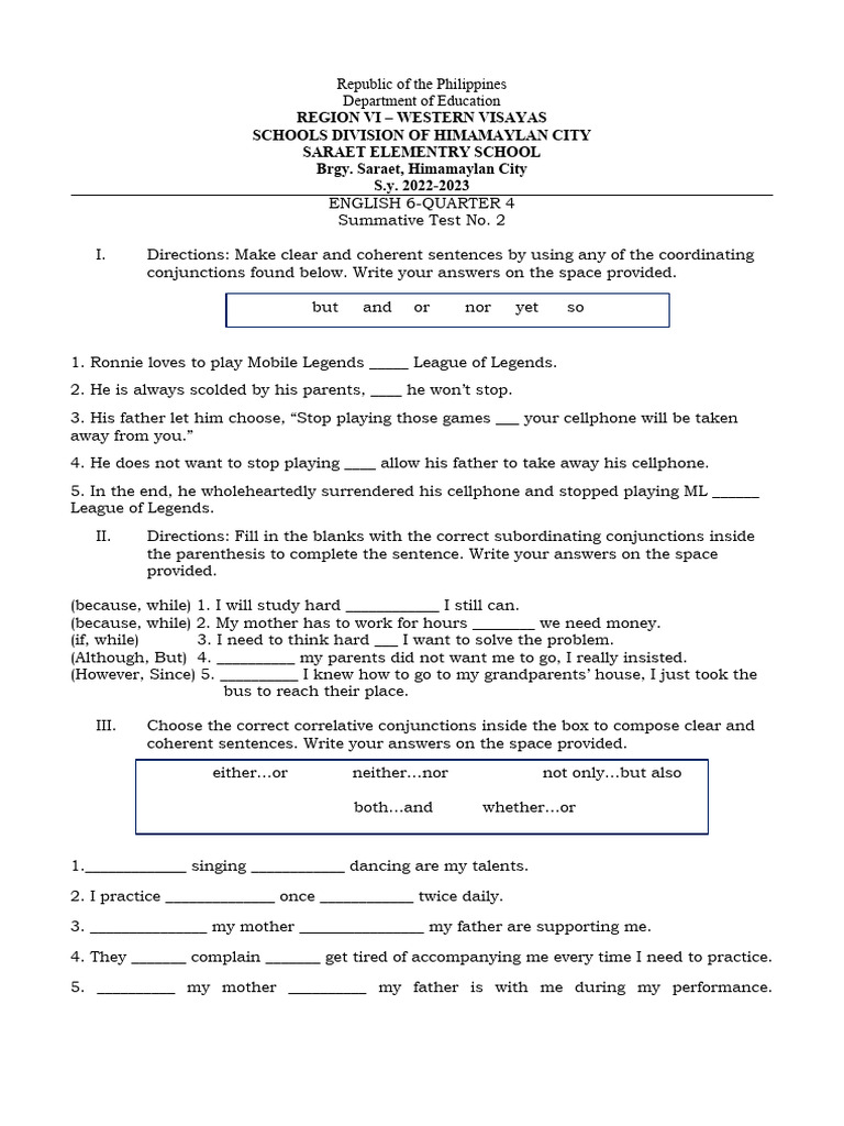 English 6 Summative Test Quarter 4 | PDF | Linguistics | Grammar
